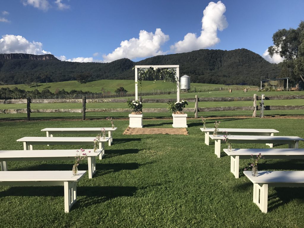 WHITE OUTDOOR BENCH SEAT - The Wedding Creators